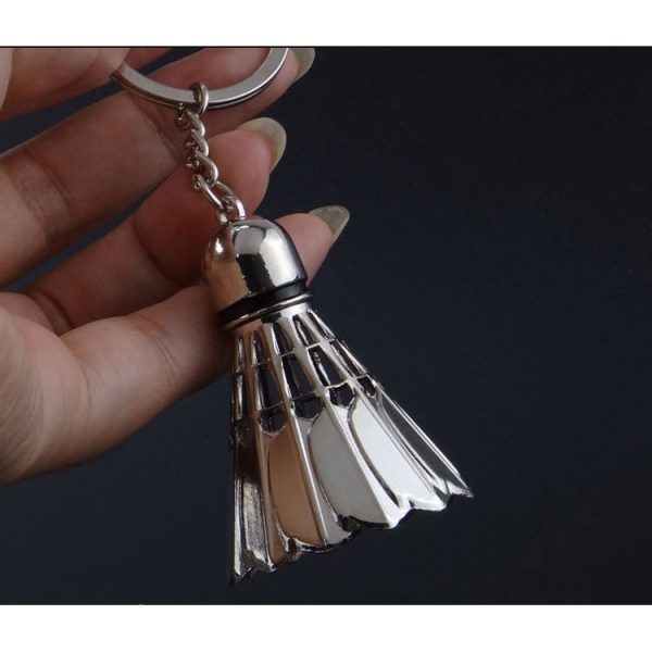Large Badminton Shuttlecock Silver Keyring Novelty Metal Key Chain